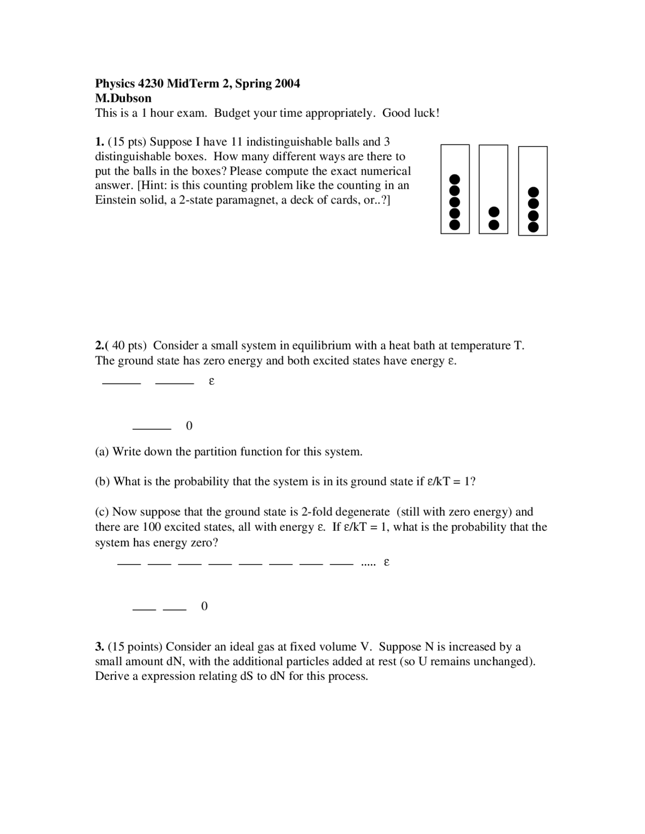 Thermodynamics and Statistical Mechanics - Midterm Exam 2 | PHYS 4230 ...