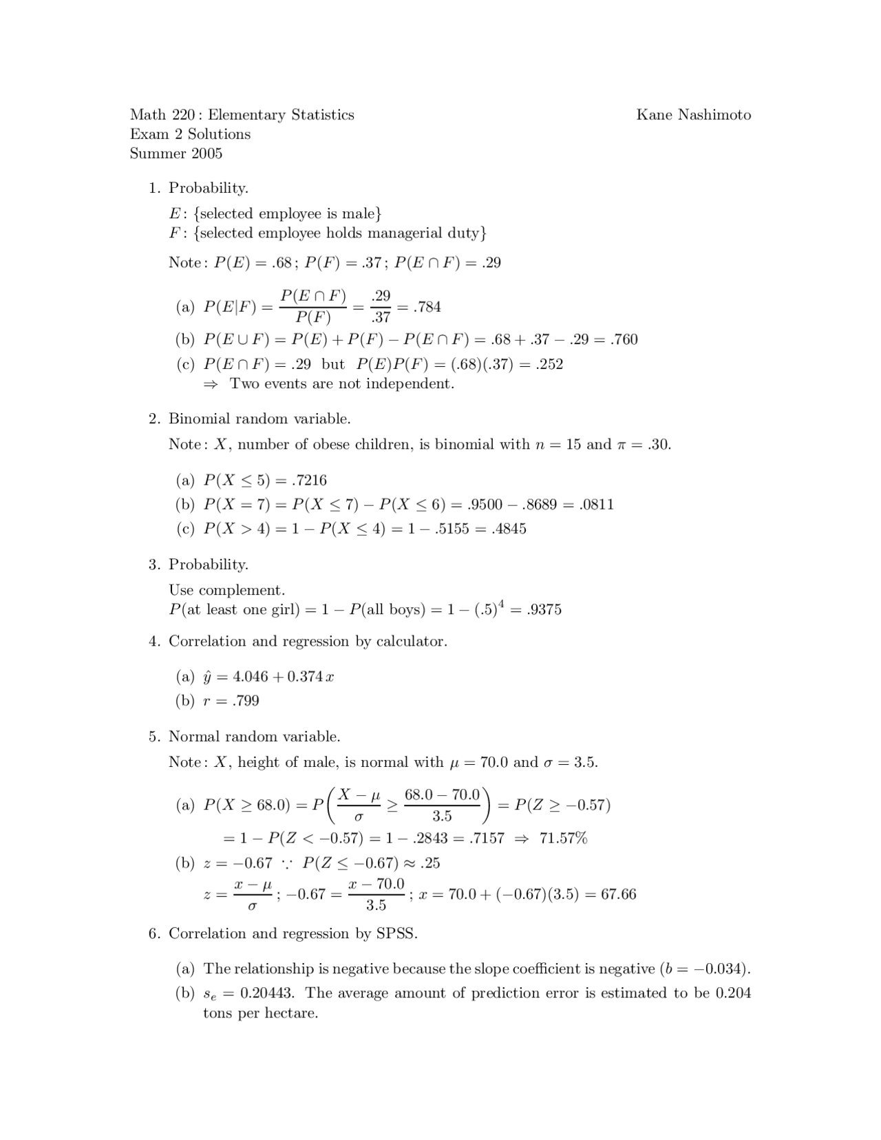 6 Problems On Elementary Statistics Examination 2 Math 220 Docsity