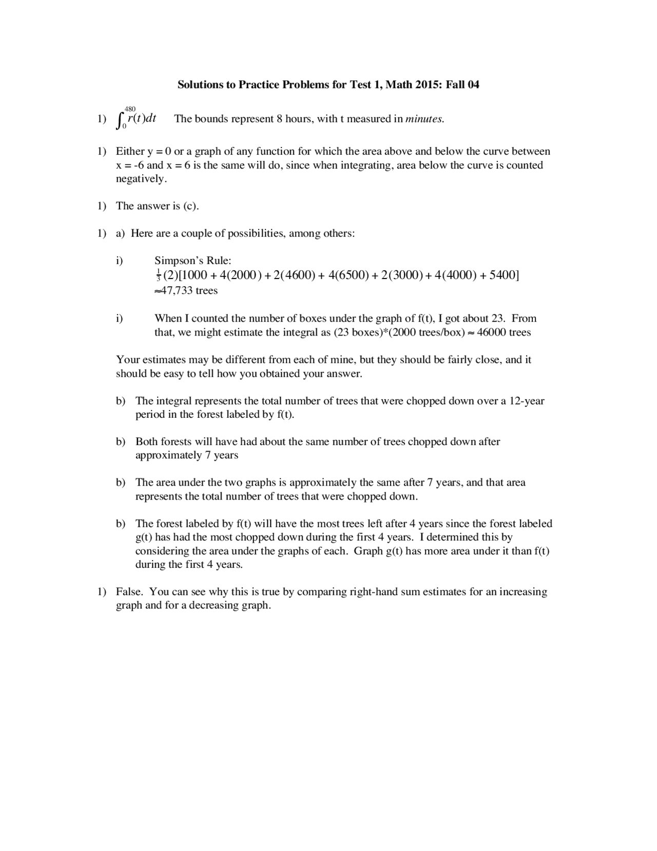 Solutions to Practice Problems for Test 1 in Math 2015: Fall 04 | Study ...