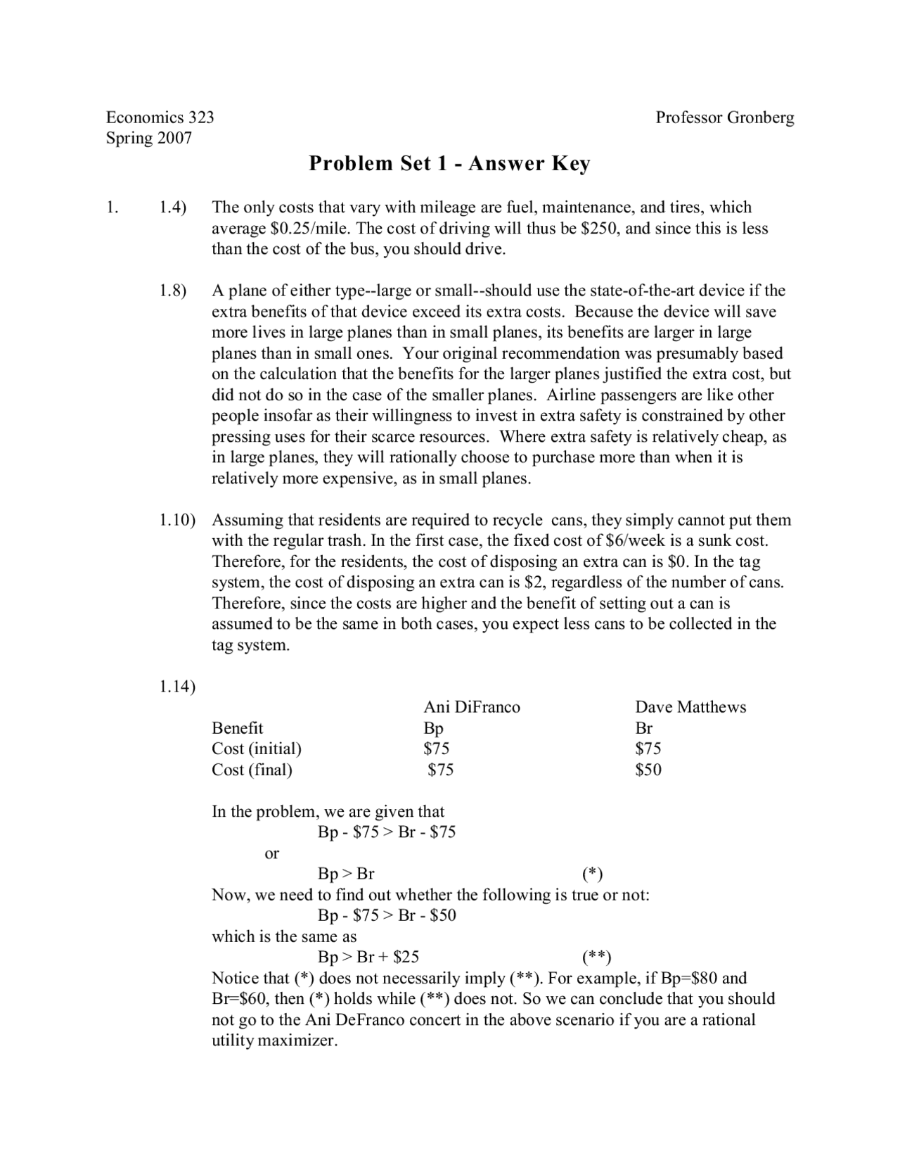 Microeconomic Theory Answer Key For Problem Set 1 Econ 323 Docsity