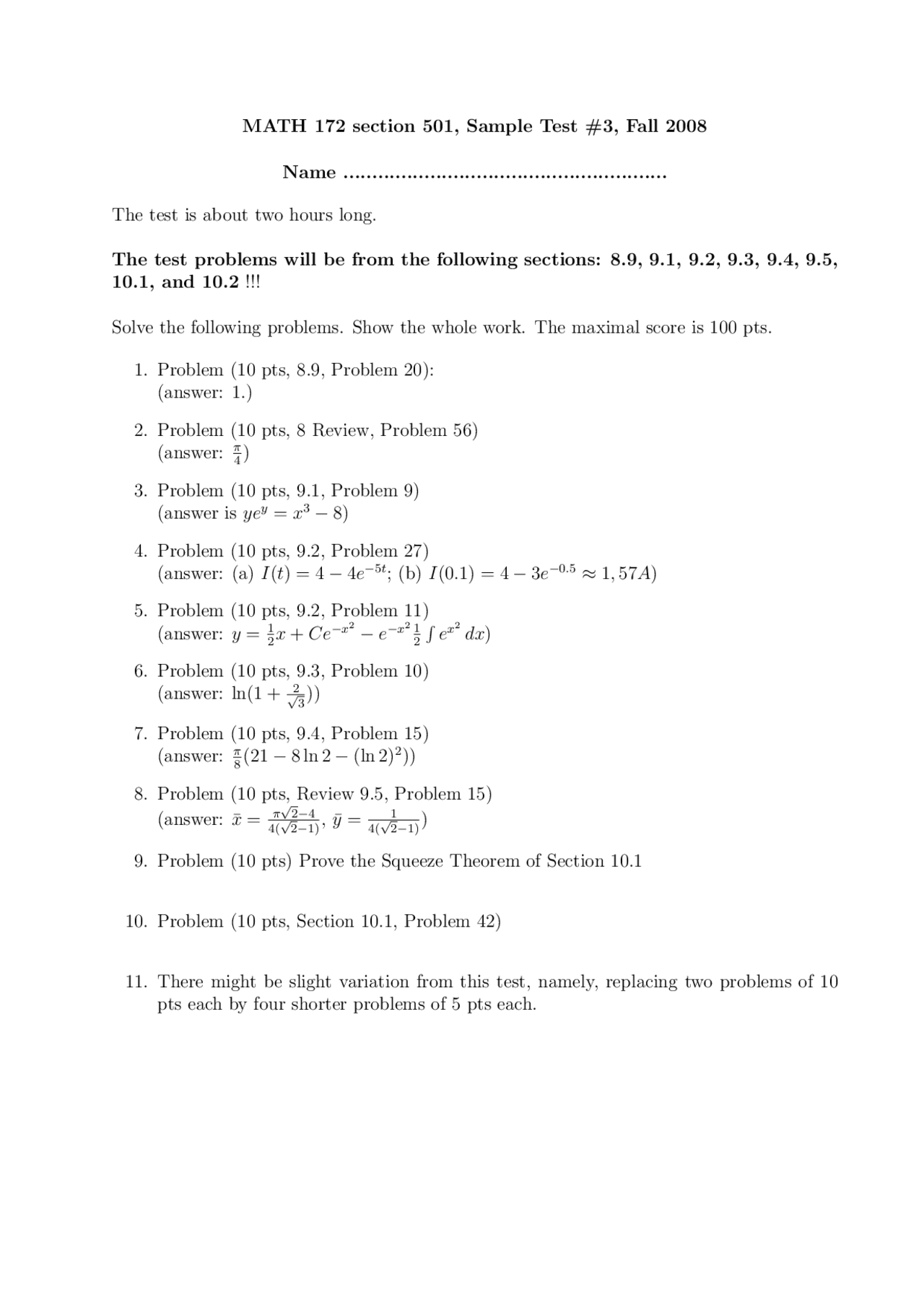 MATH 172 Sec 501, Sample Test #3, Fall 2008: 2-Hr Exam, Problems from 8 ...