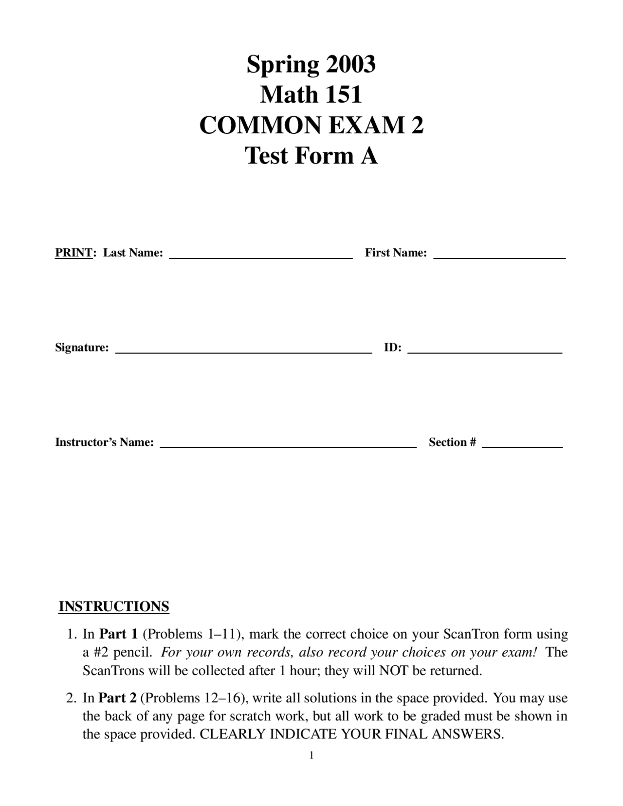 Common Exam 2 Form A Honor Engineering Mathematics I Math 151 Docsity