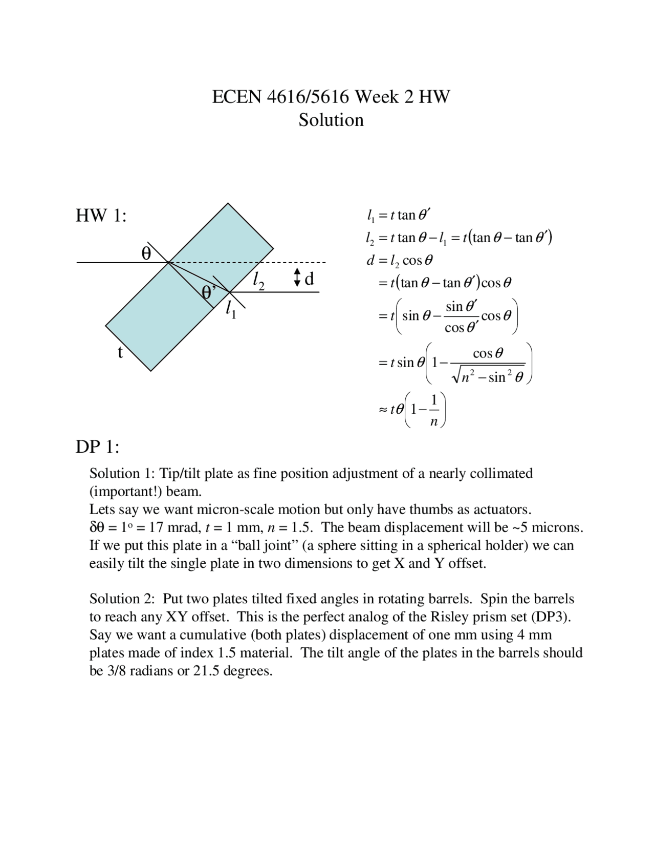 Homework 2 Solutions Optoelectronic System Design Ecen 4616 Docsity