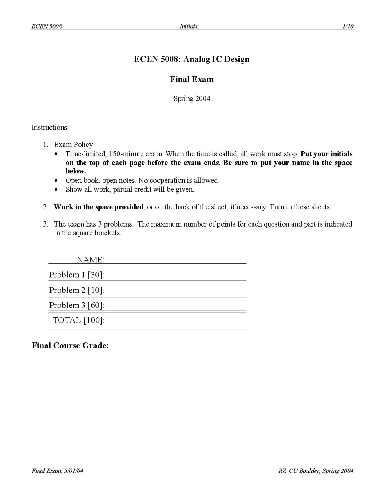 Final Exam - Analog Integrated Circuit Design - Spring 2004 | ECEN 4827 | Exams Electrical and ...