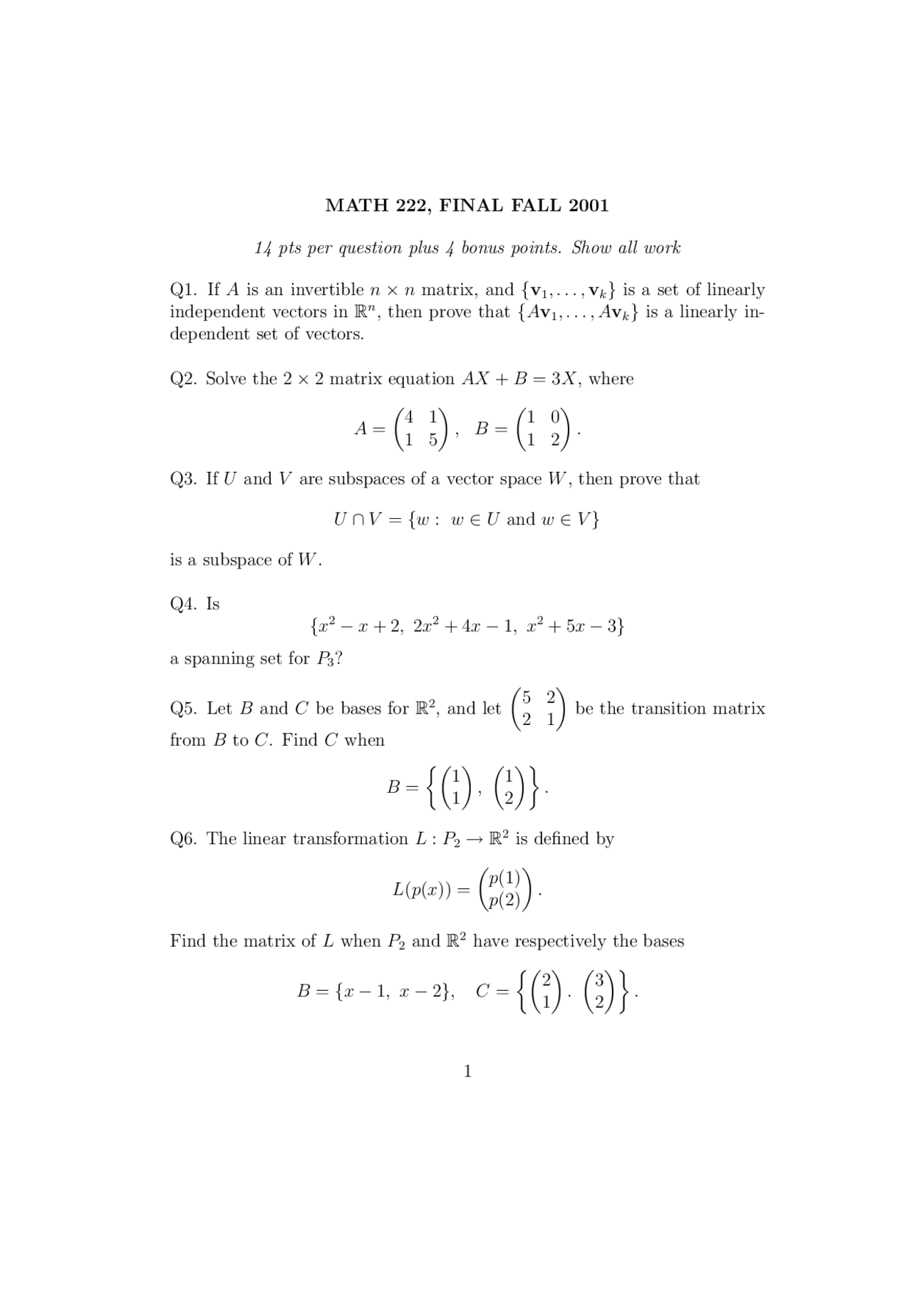 Practice Final Exam Linear Algebra Math 222 Docsity