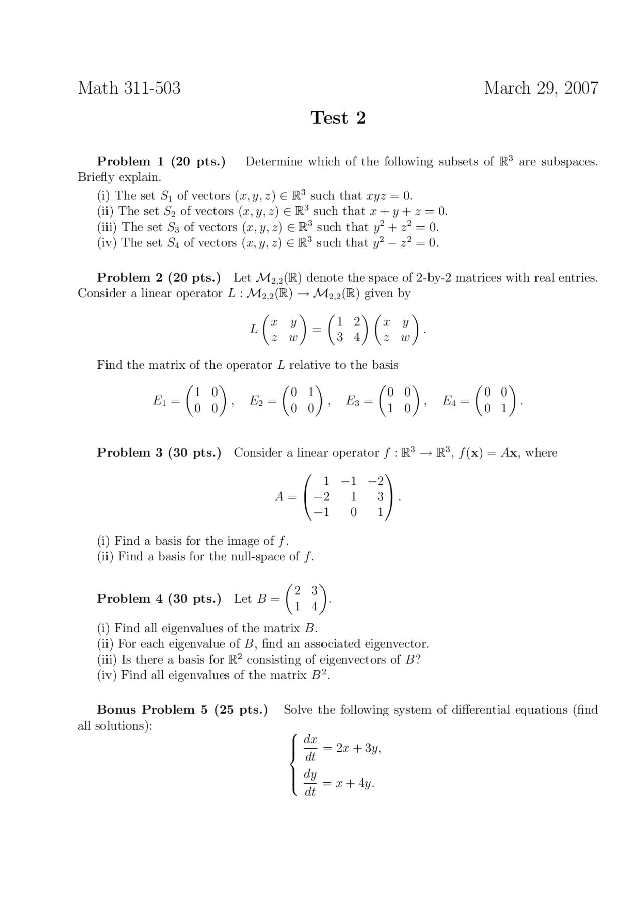 5 Problem Test 2 Applied Mathematics I Math 311 Docsity