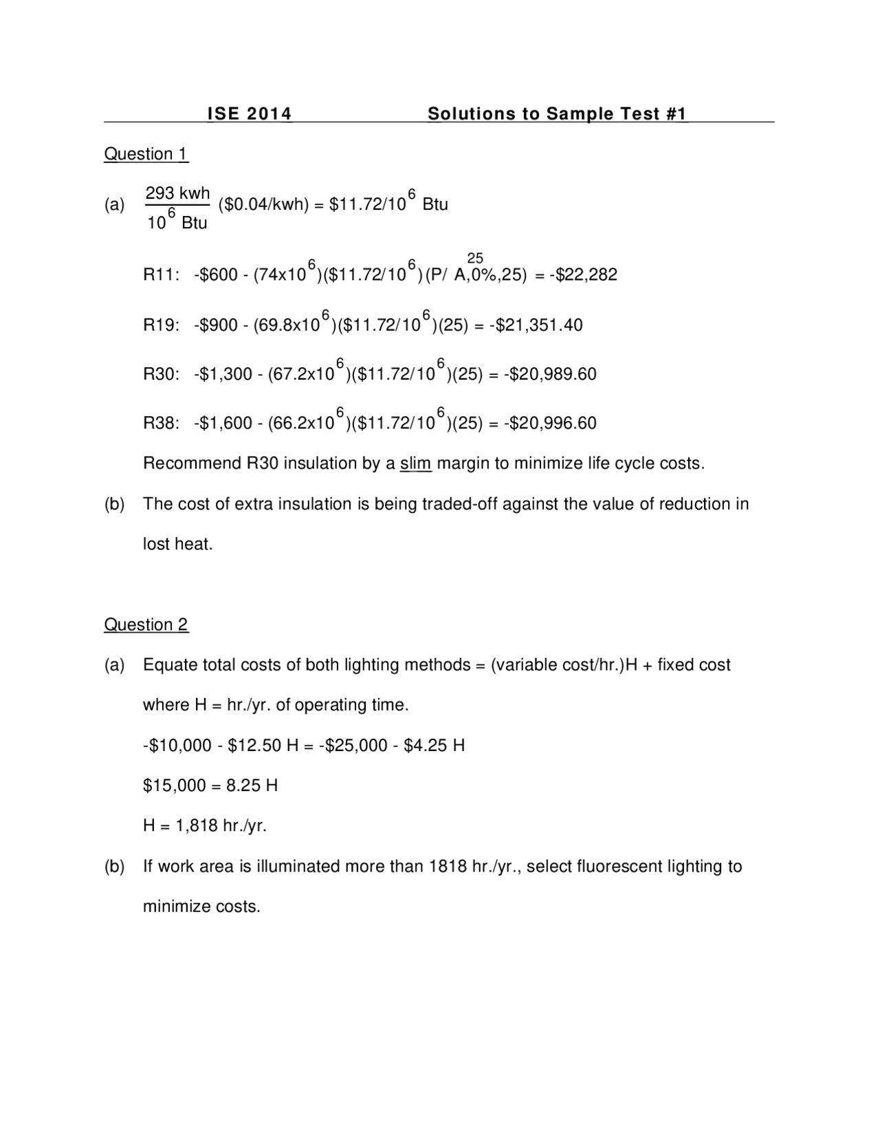 Engineering Economy Exam: Solutions to Sample Test | ISE 2014 - Docsity
