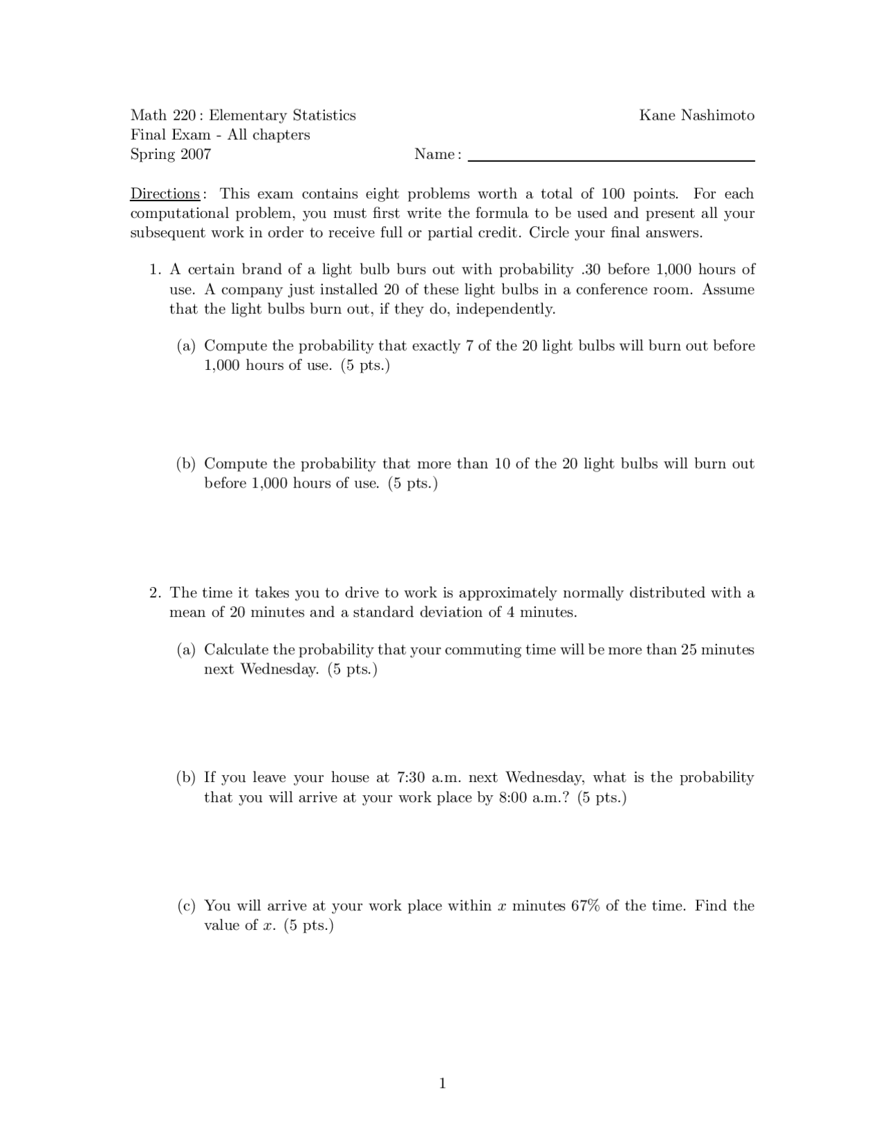 Practice Final Exam Elementary Statistics Math 220 Exams