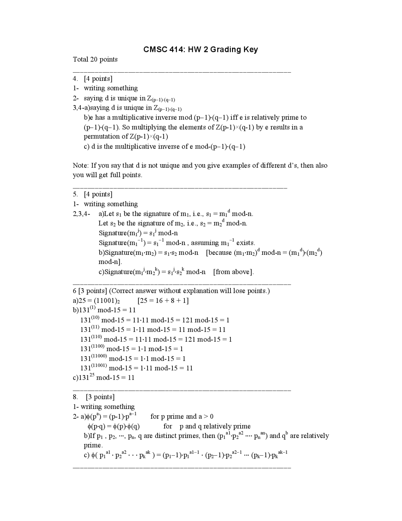 Computer And Network Assignment Grading Key Cmsc 414 Docsity