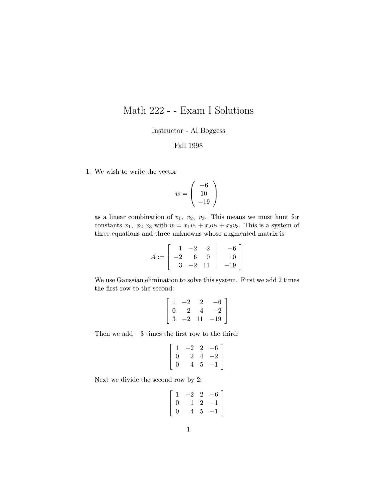 Exam 1 Solutions Linear Algebra Math 222 Docsity
