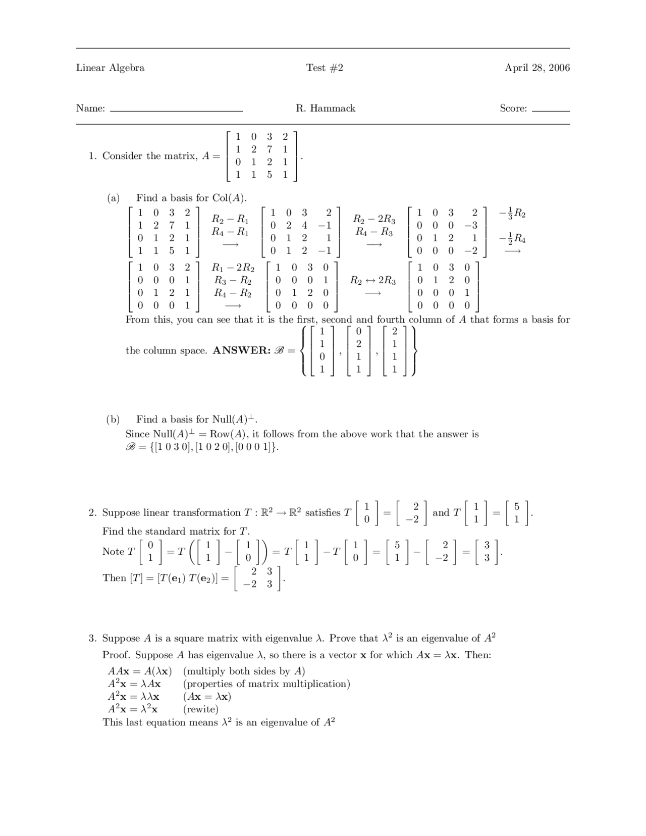 Test 2 With Answers Linear Algebra Math 310 Docsity