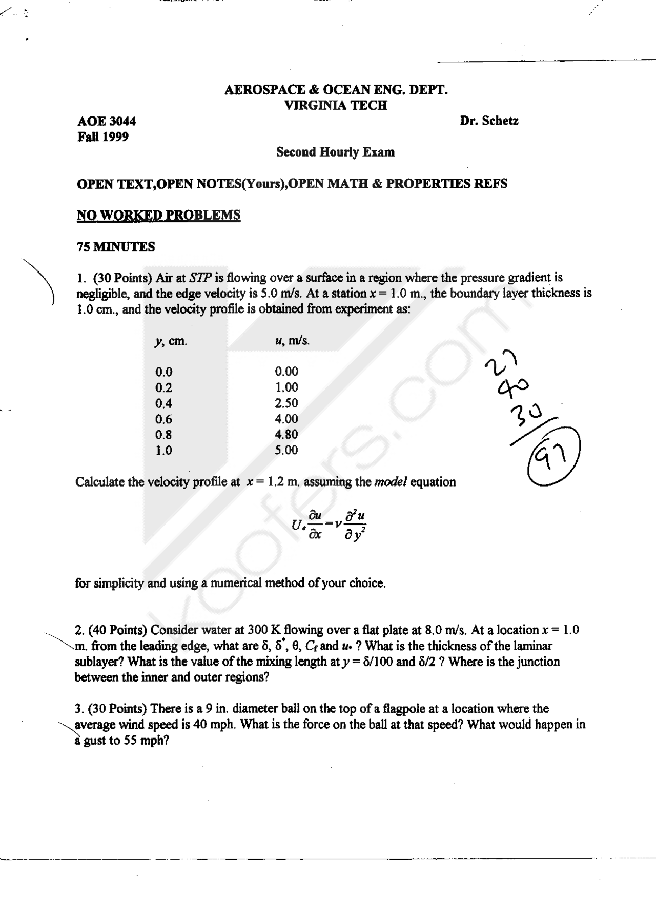 3 Questions On Boundary Layer Theory With Solution Second Exam Aoe