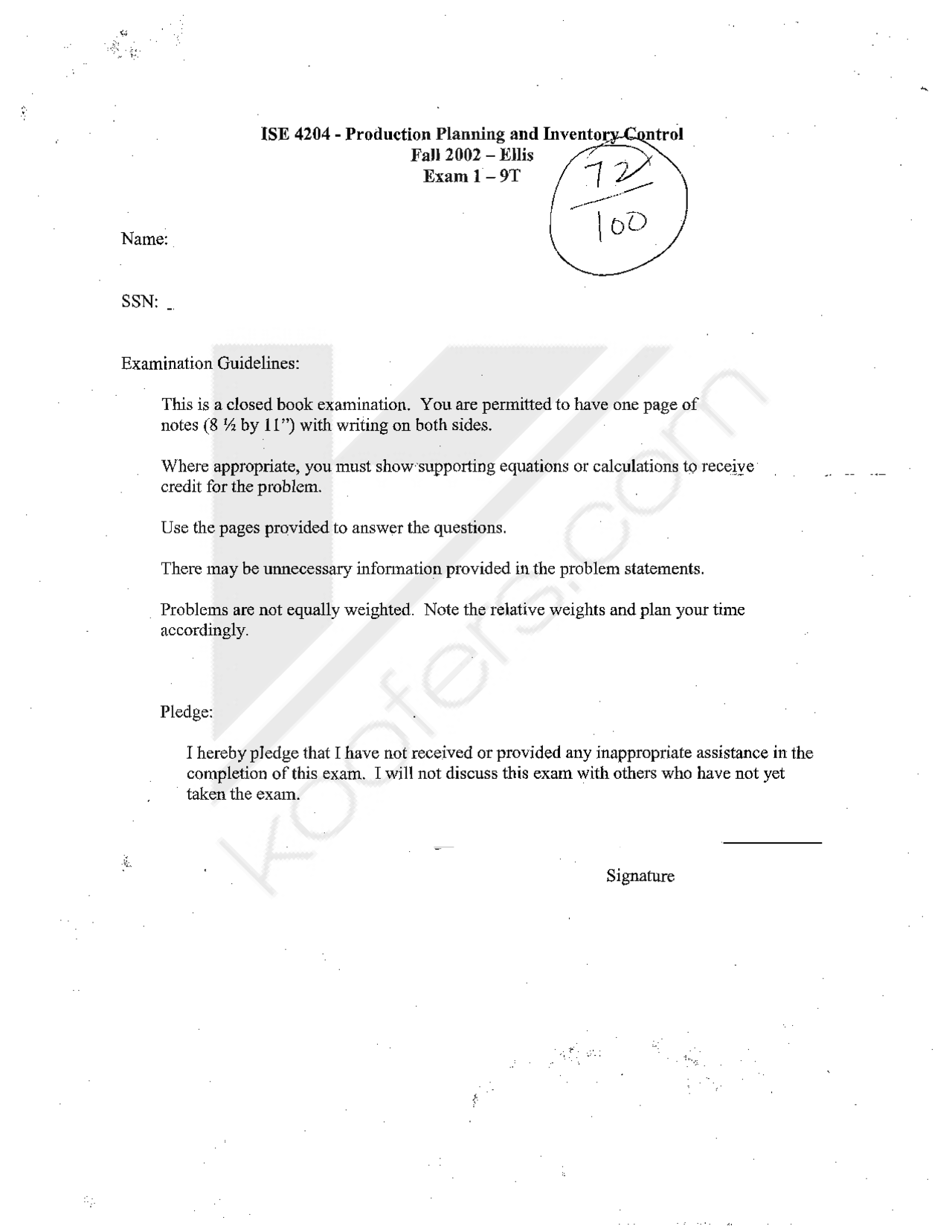 Exam 1 With Solution Production Planning Inventory Control Ise 4204
