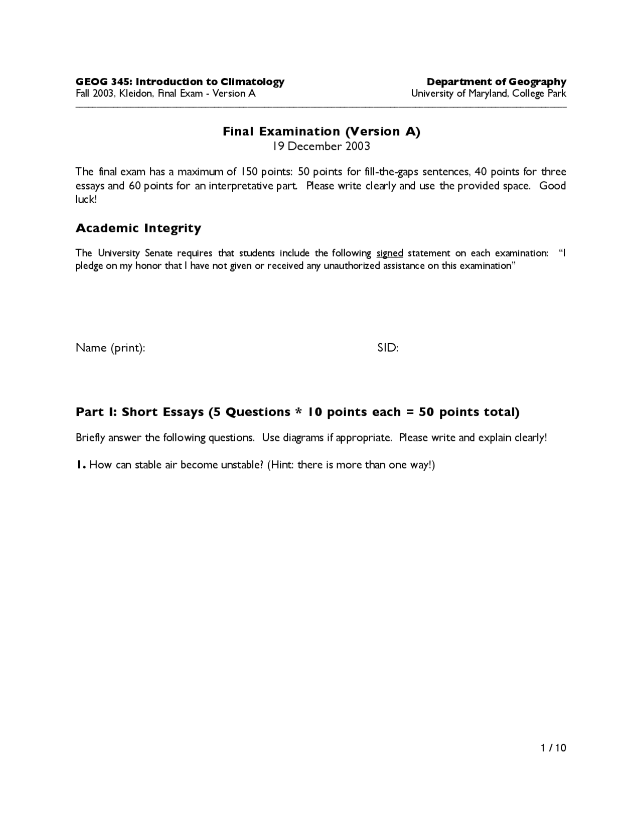 Final Exam Version A For Introduction To Climatology Geog 345 Docsity