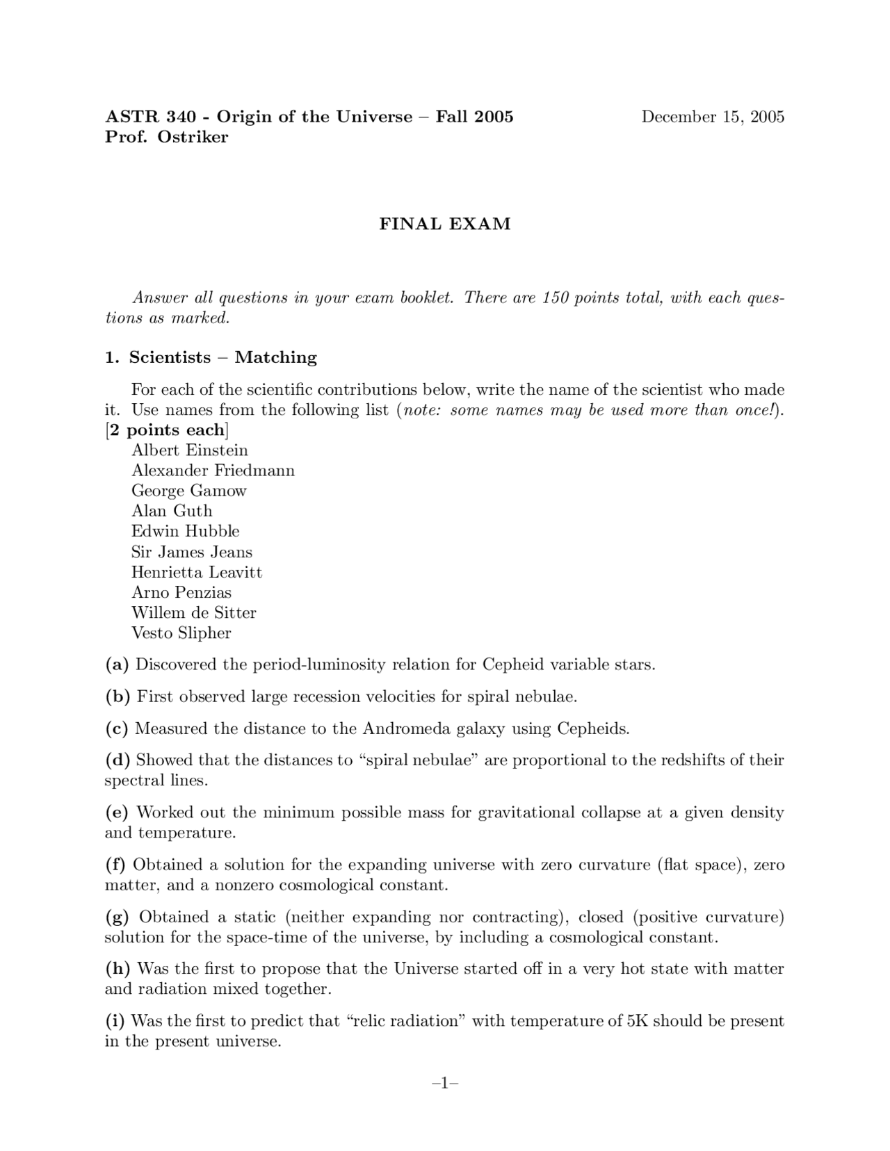 6 Questions On Origin Of Universe Old Final Test Astr 340 Docsity