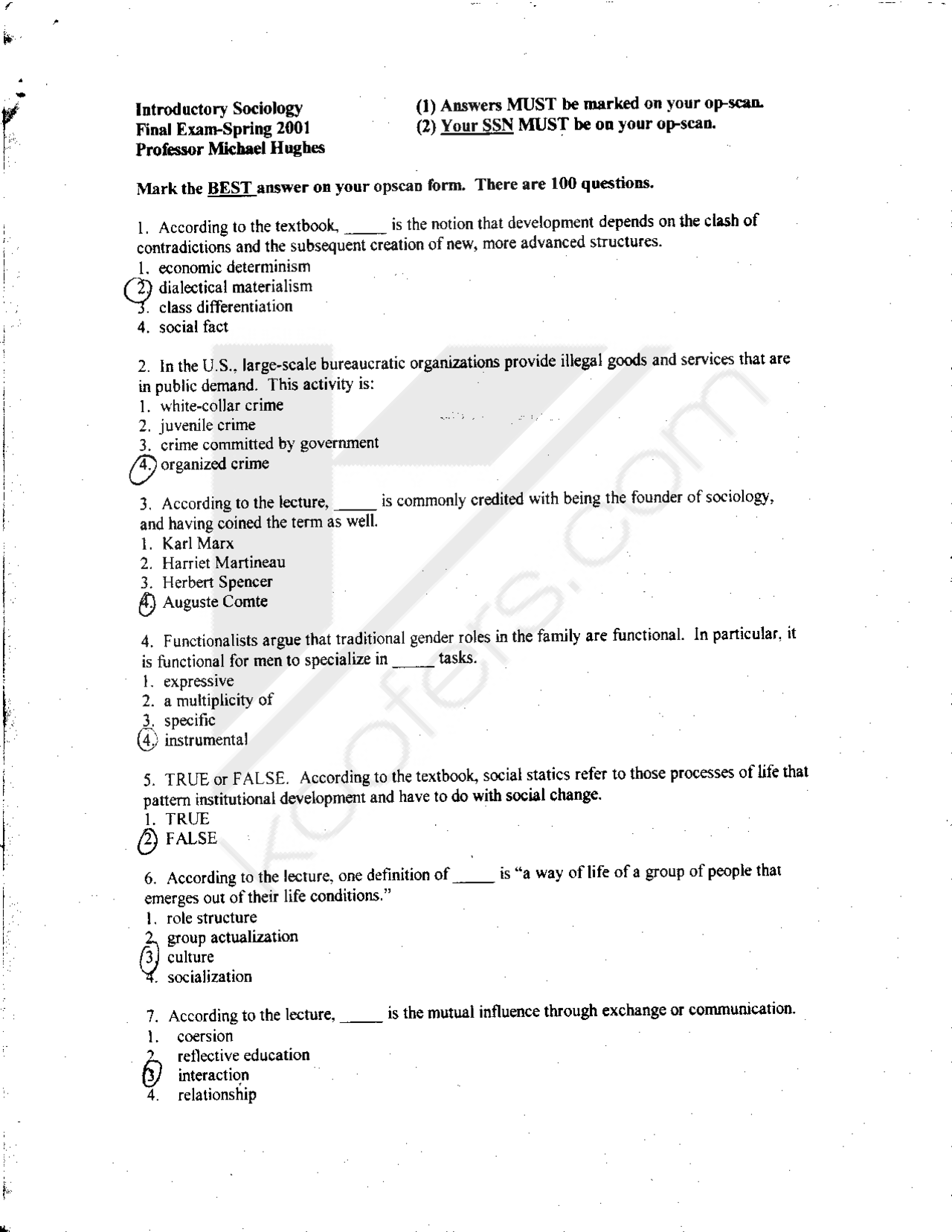 Solved Multiple Choice Questions On Introductory Sociology Final Exam