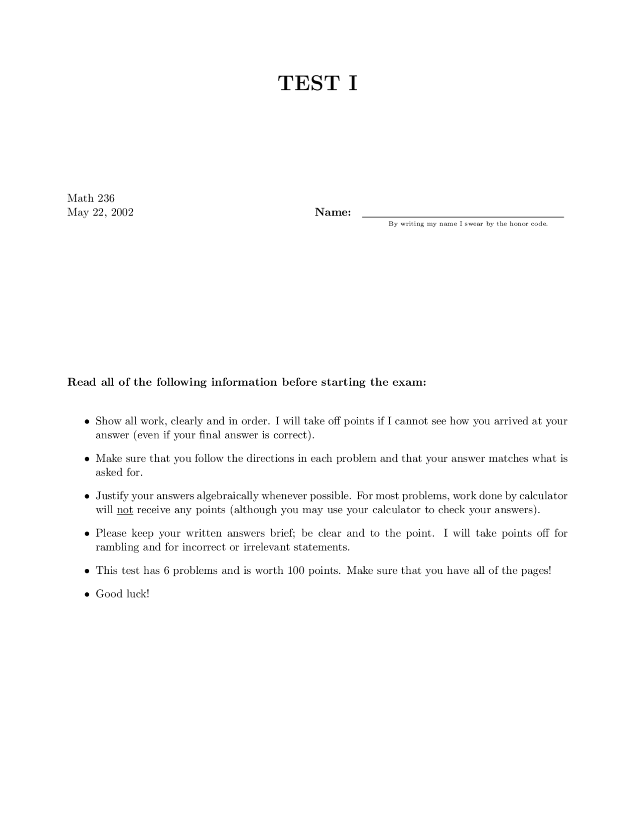 6 Questions On Calculus Ii Exam 1 Math 236 Docsity