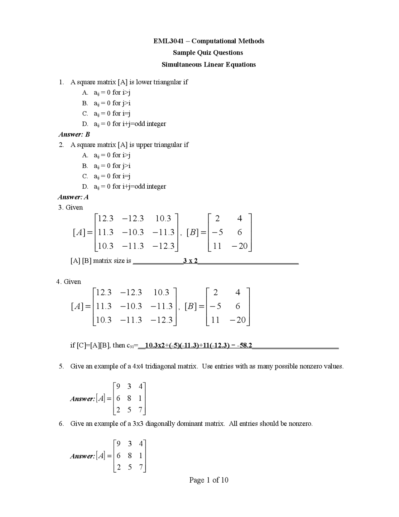 Sample Quiz Questions For Simultaneous Linear Equations Eml 3041 Docsity