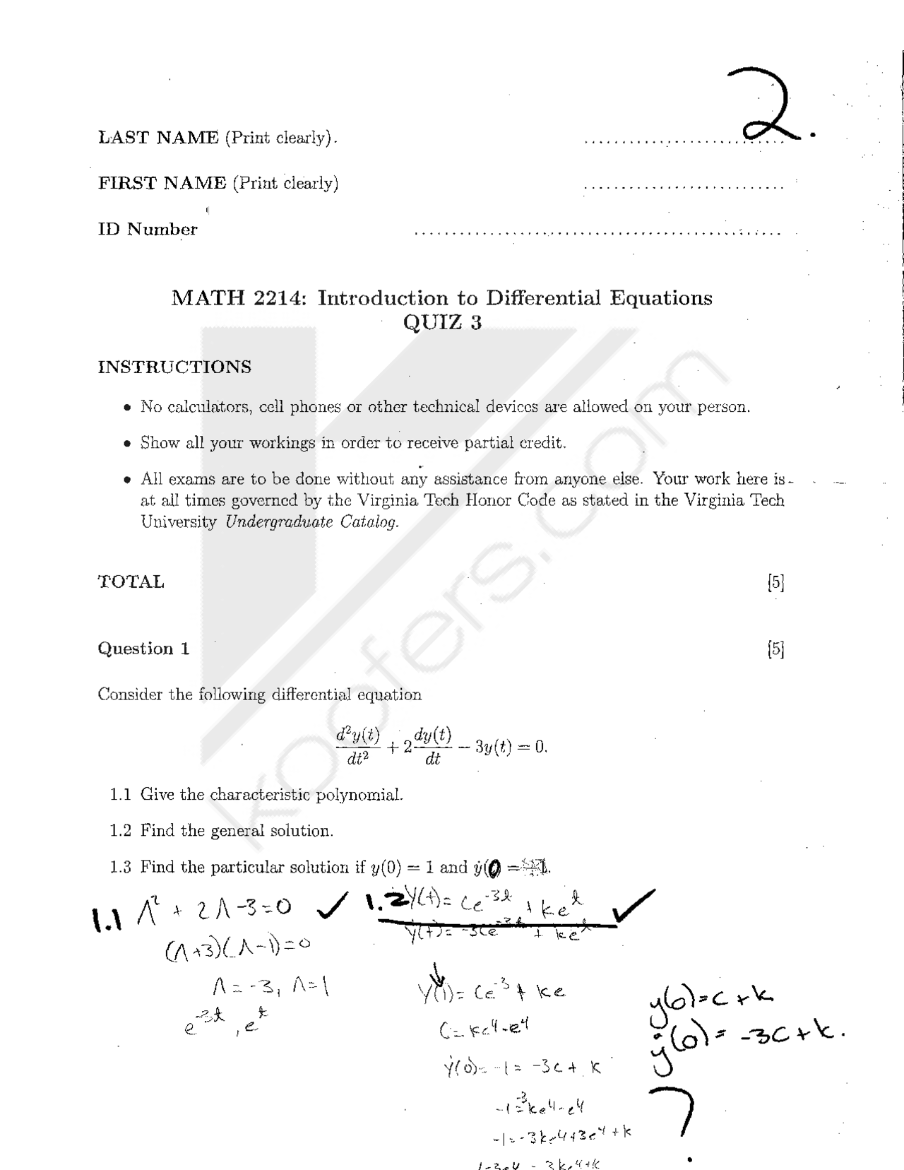 Quiz 3 Solved Introduction To Differential Equations Math 2214 Docsity