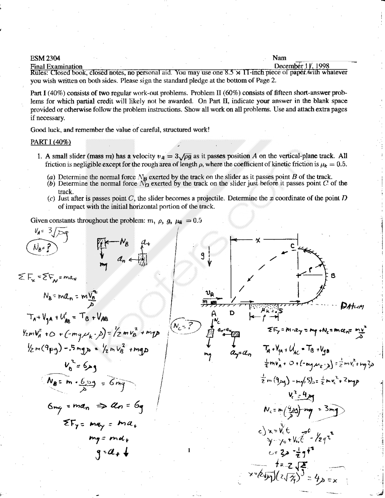 Final Exam Solutions Dynamics Esm 2304 Docsity