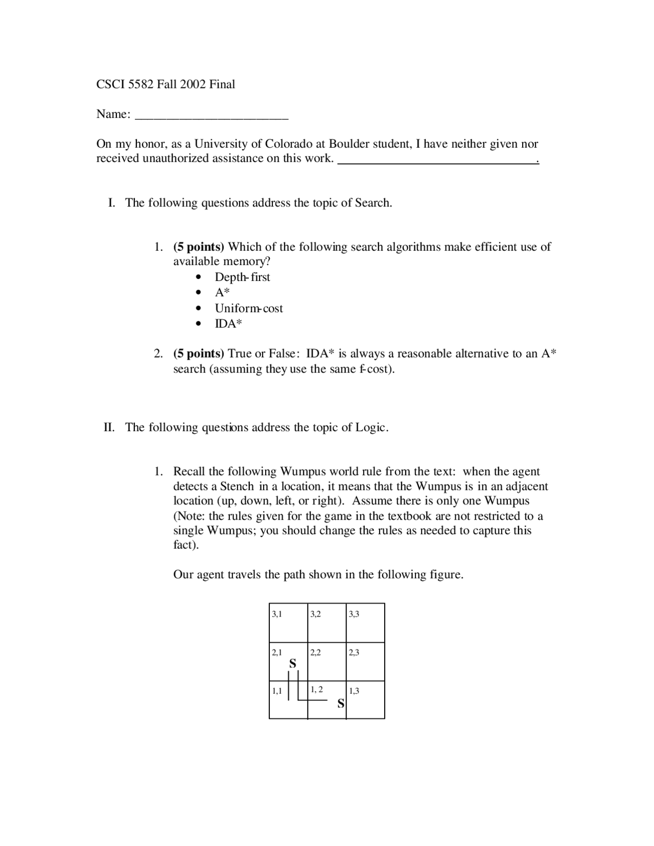 Final Exam Questions - Artificial Intelligence - Fall 2002 | CSCI 5582 | Exams Computer Science ...