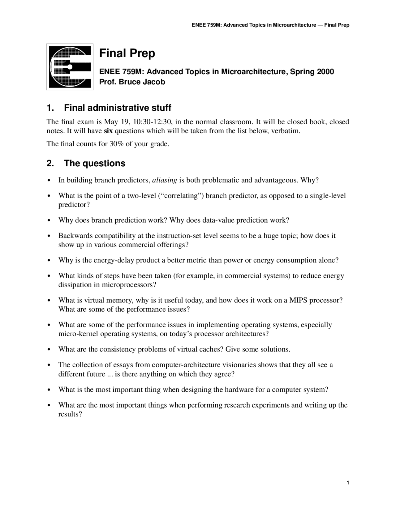 Final Exam Questions Microarchitecture Enee 759m Docsity