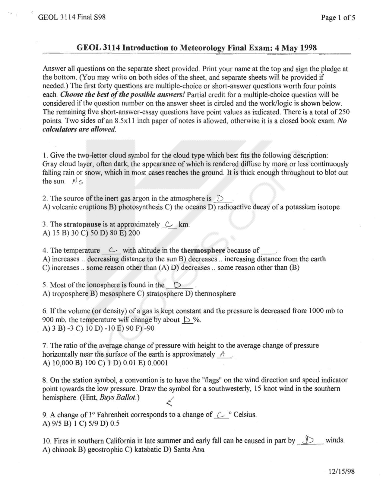 46 Questions On Introduction To Meteorology Final Exam Geol 3114