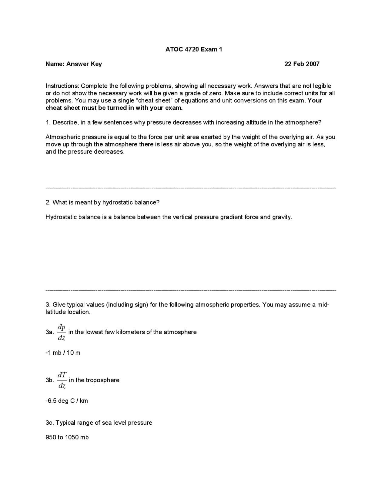 Test 1 Solutions Introduction To Atmospheric Physics And Dynamics