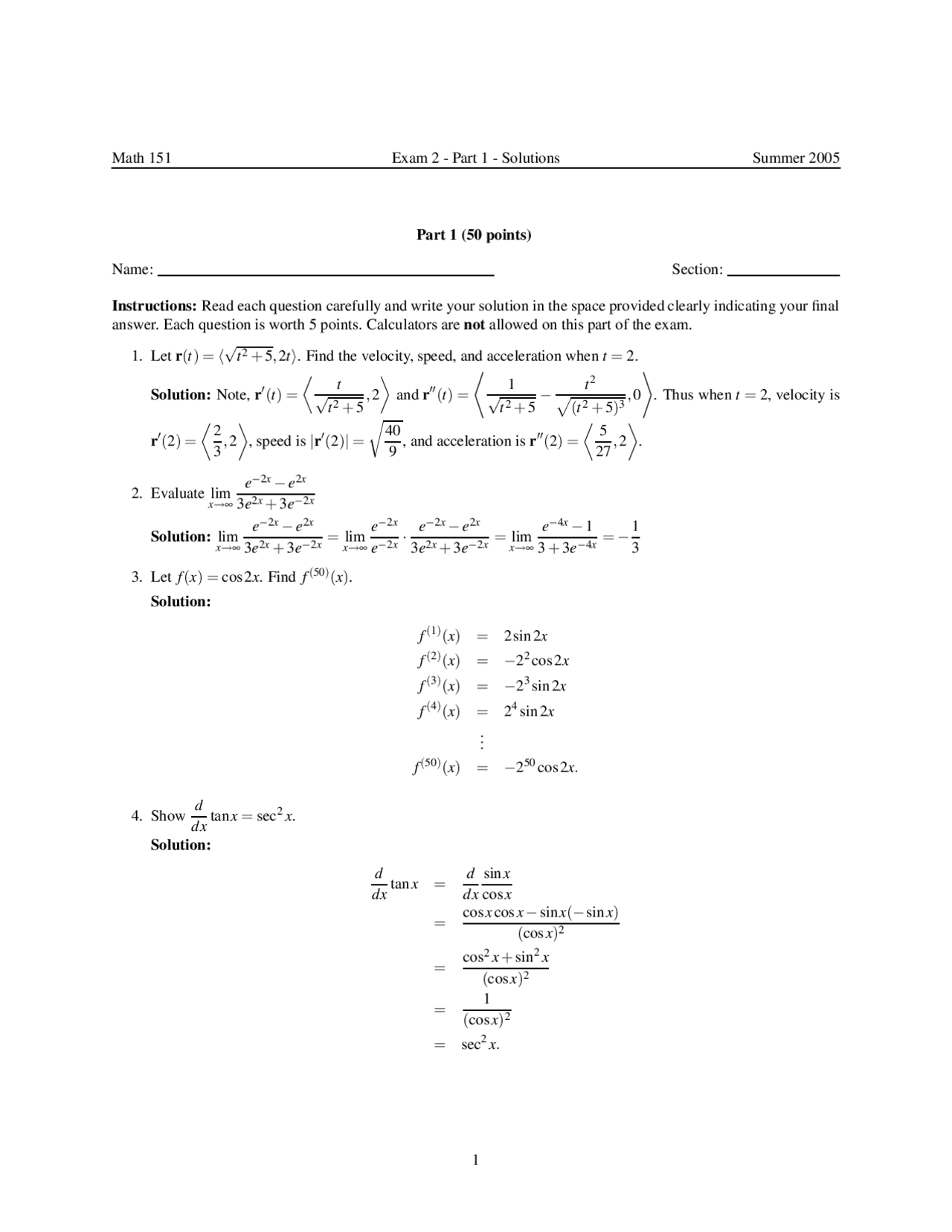 Solutions for Exam 2 - Honor-Engineering Mathematics I | MATH 151 - Docsity