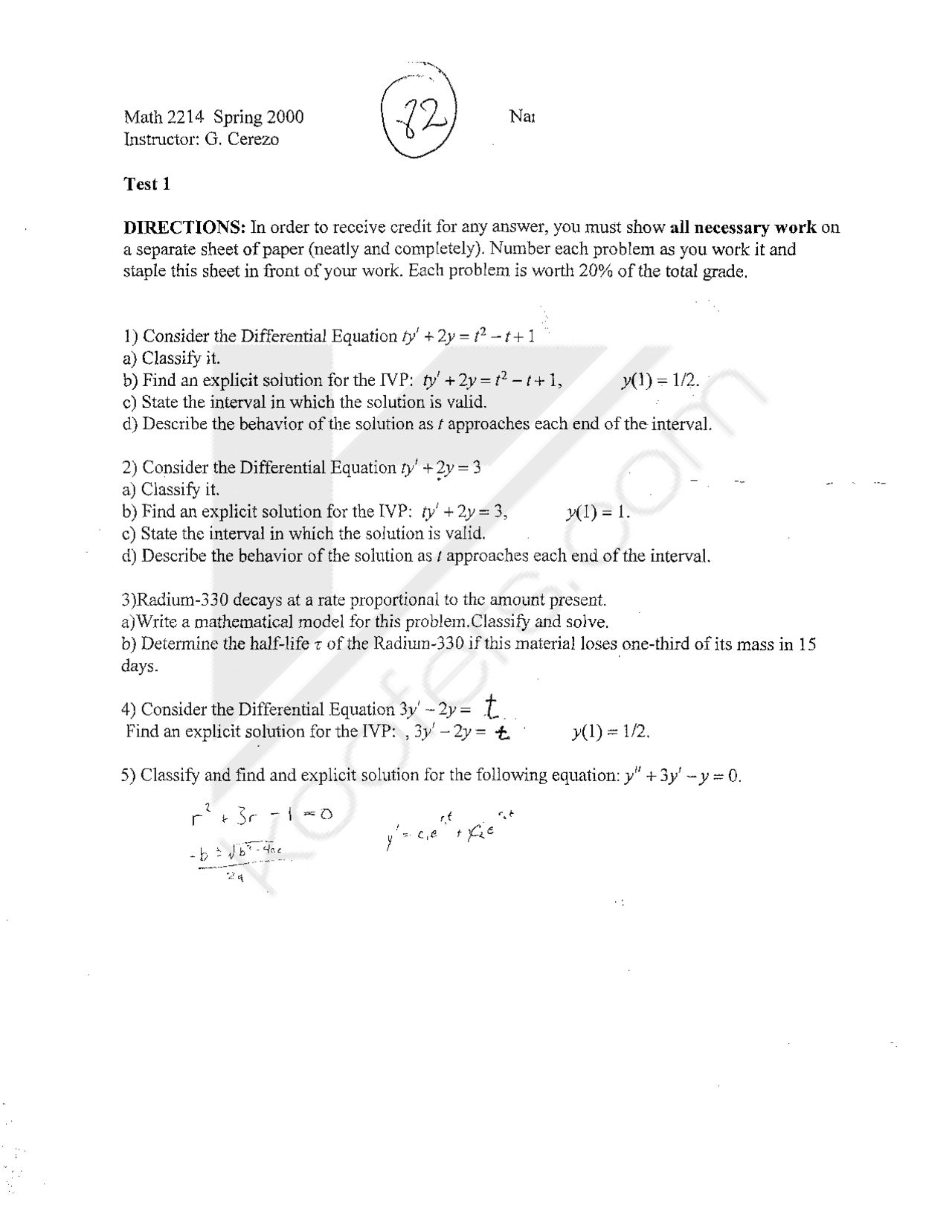 Test 1 Question And Solutions Introduction To Differential Equations