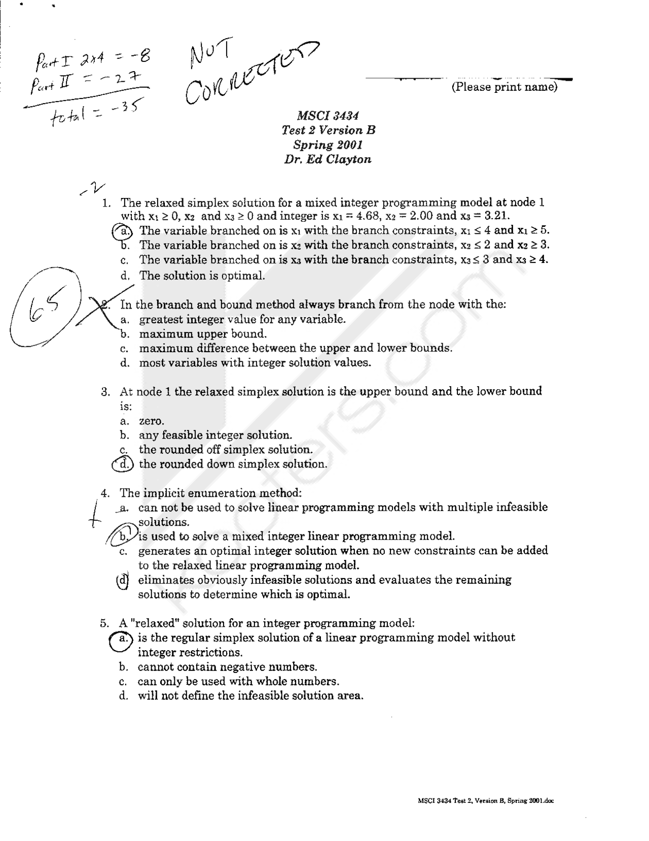 Test 2 Version B Advanced Management Science Msci 3434 Docsity