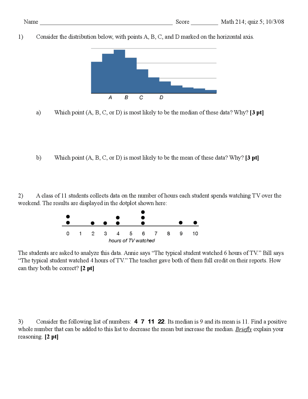 Quiz 5 for Math 214: Analyzing Median and Mean | Quizzes Mathematics ...
