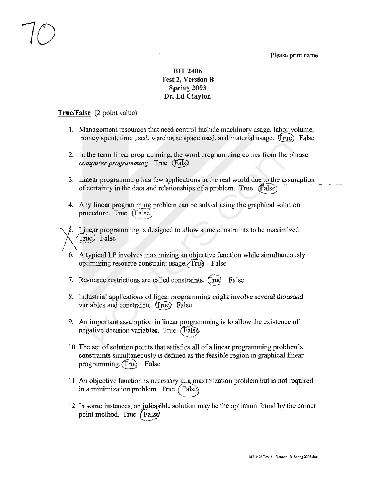 Test 2b With Solutions Quantitative Methods Bit 2406 Docsity