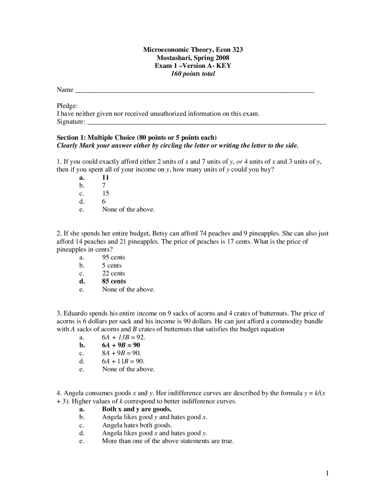 Microeconomics Theory Exam 1a Solutions Econ 323 Docsity