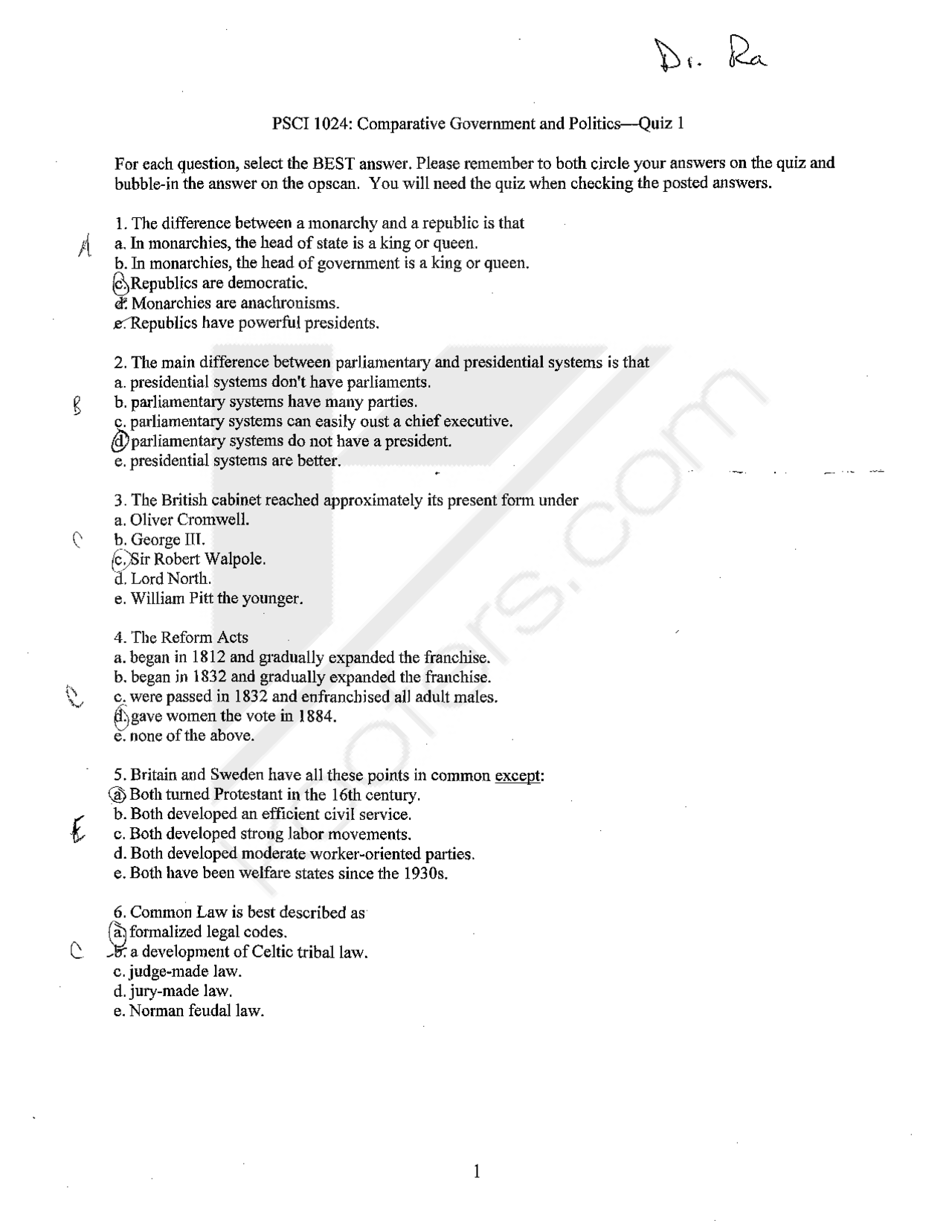 20 MCQs with Answer for Quiz 1 - Comparative Government and Politics ...