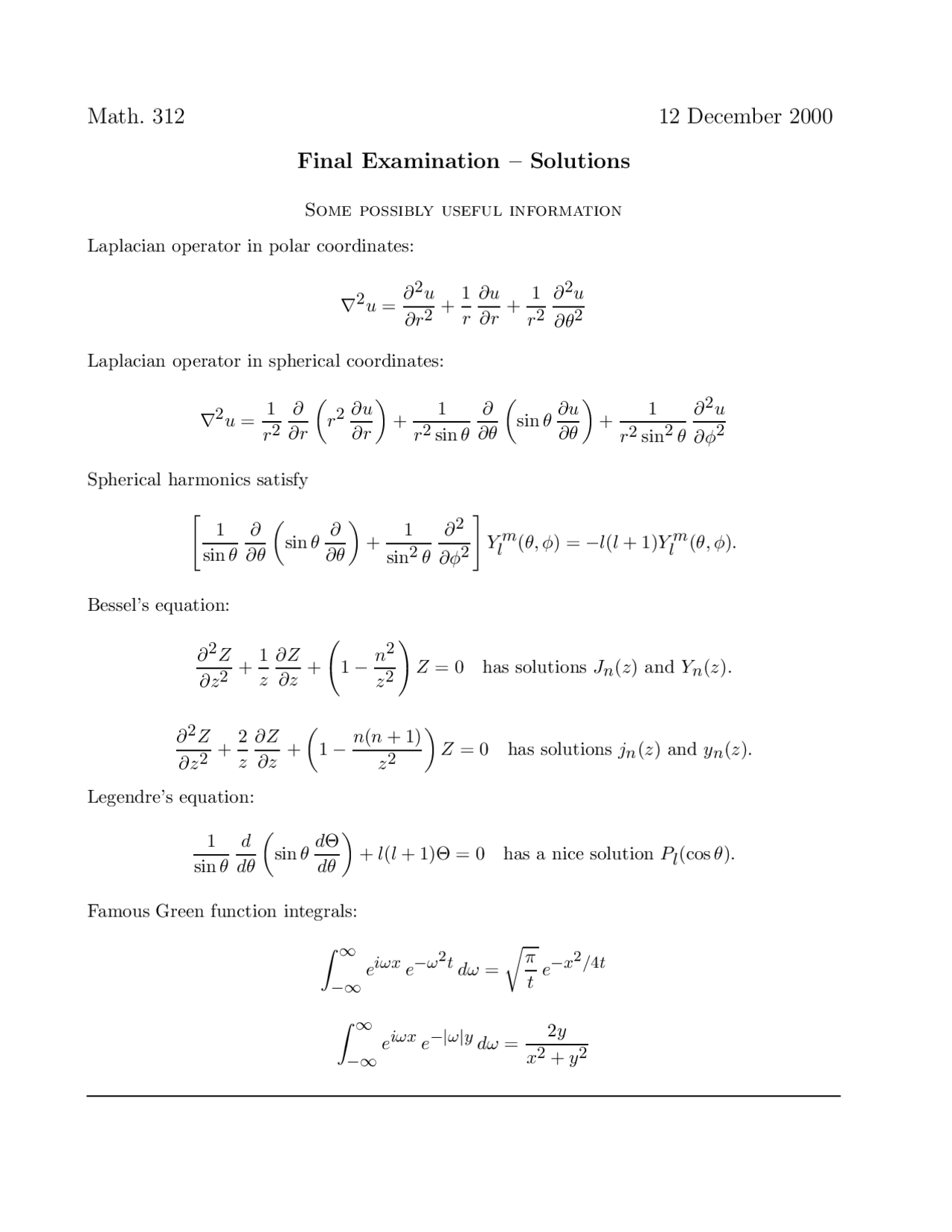 Final Exam With Useful Information Applied Mathematics I Math 311
