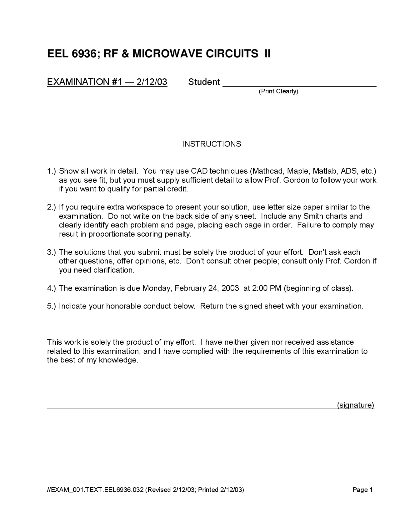 Rf And Microwave Circuits Ii Exam 1 Fall 2003 Eel 6936 Docsity