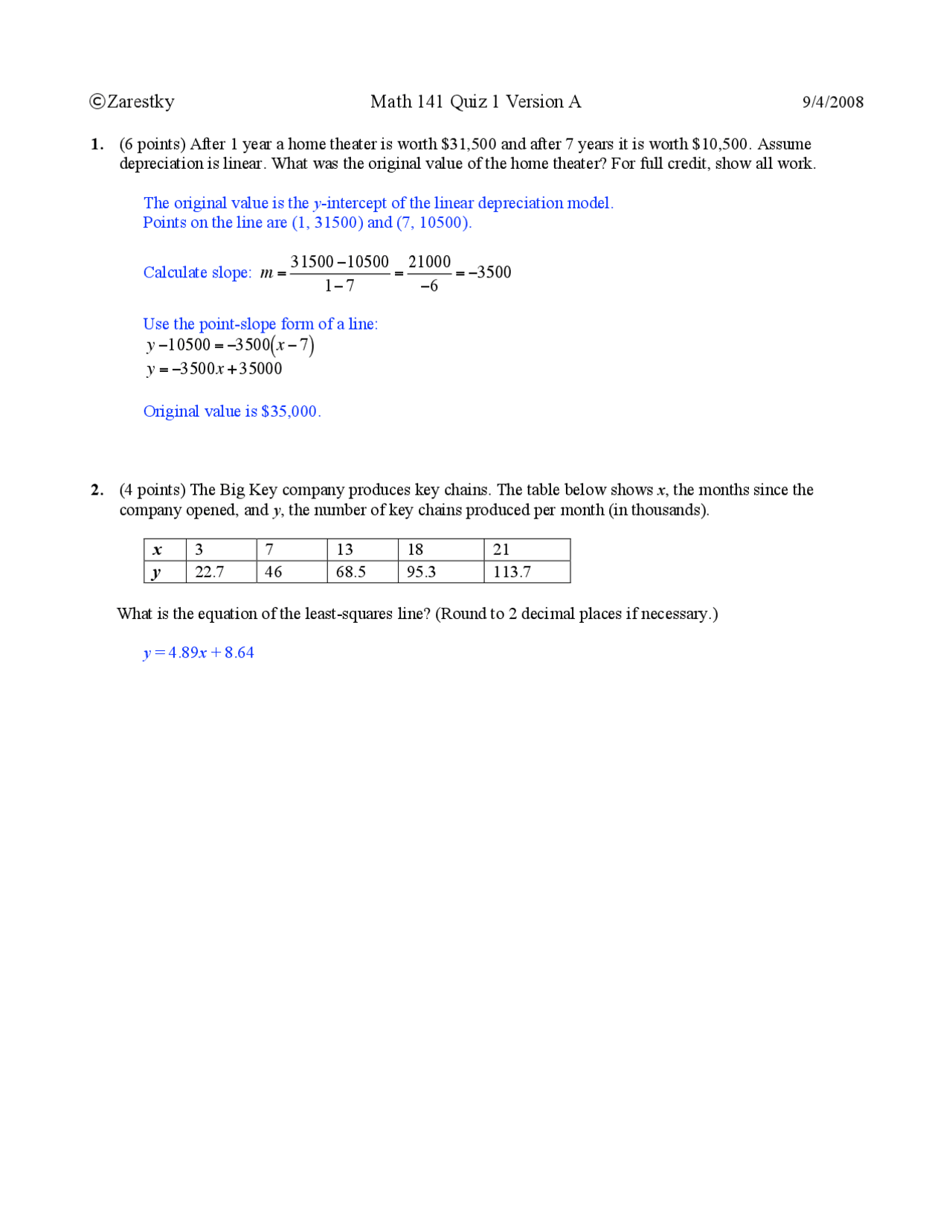 Practice Quiz 1 Solutions Honors Business Mathematics I Math 141