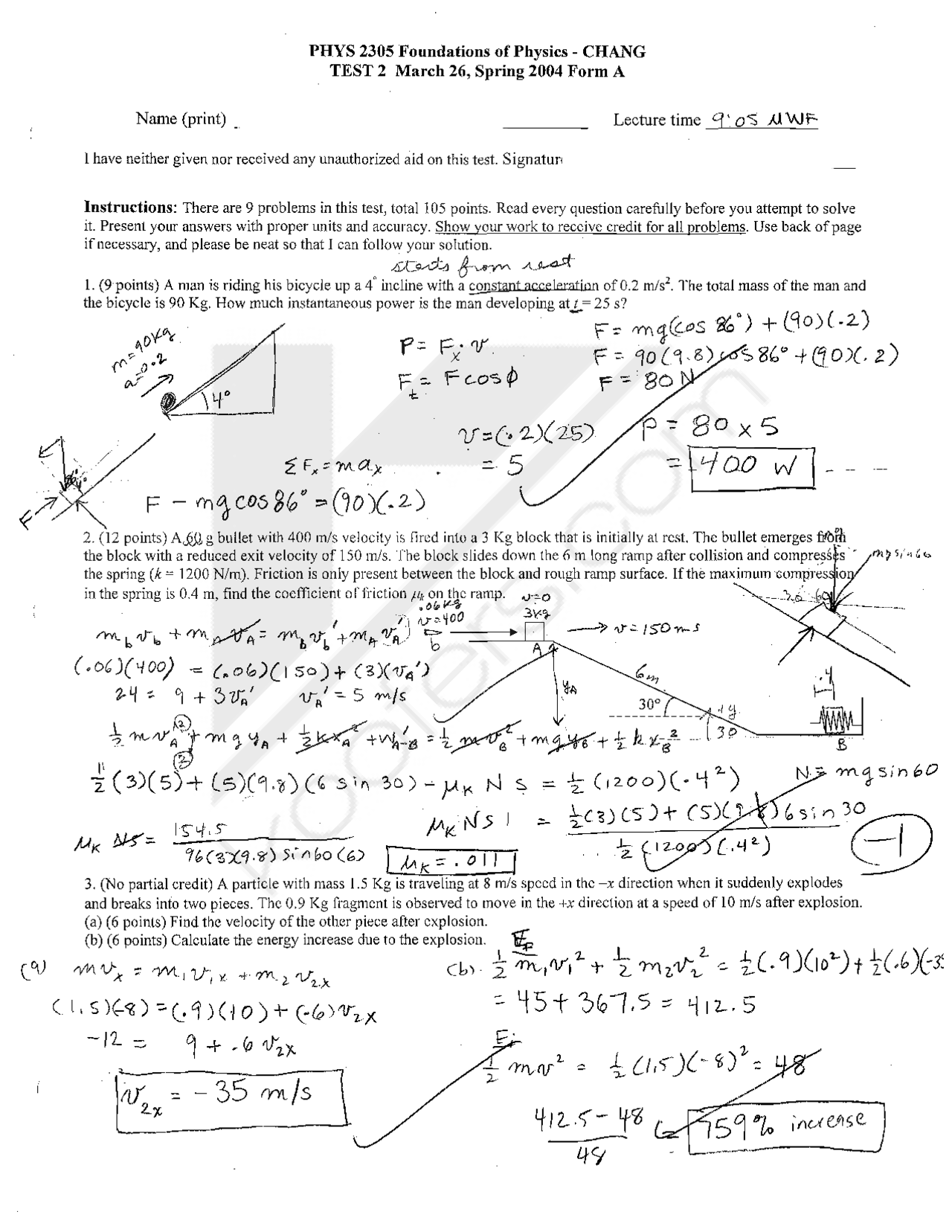 Test 2 Solutions for Foundations of Physics I - Fall 2004 | PHYS 2305 ...