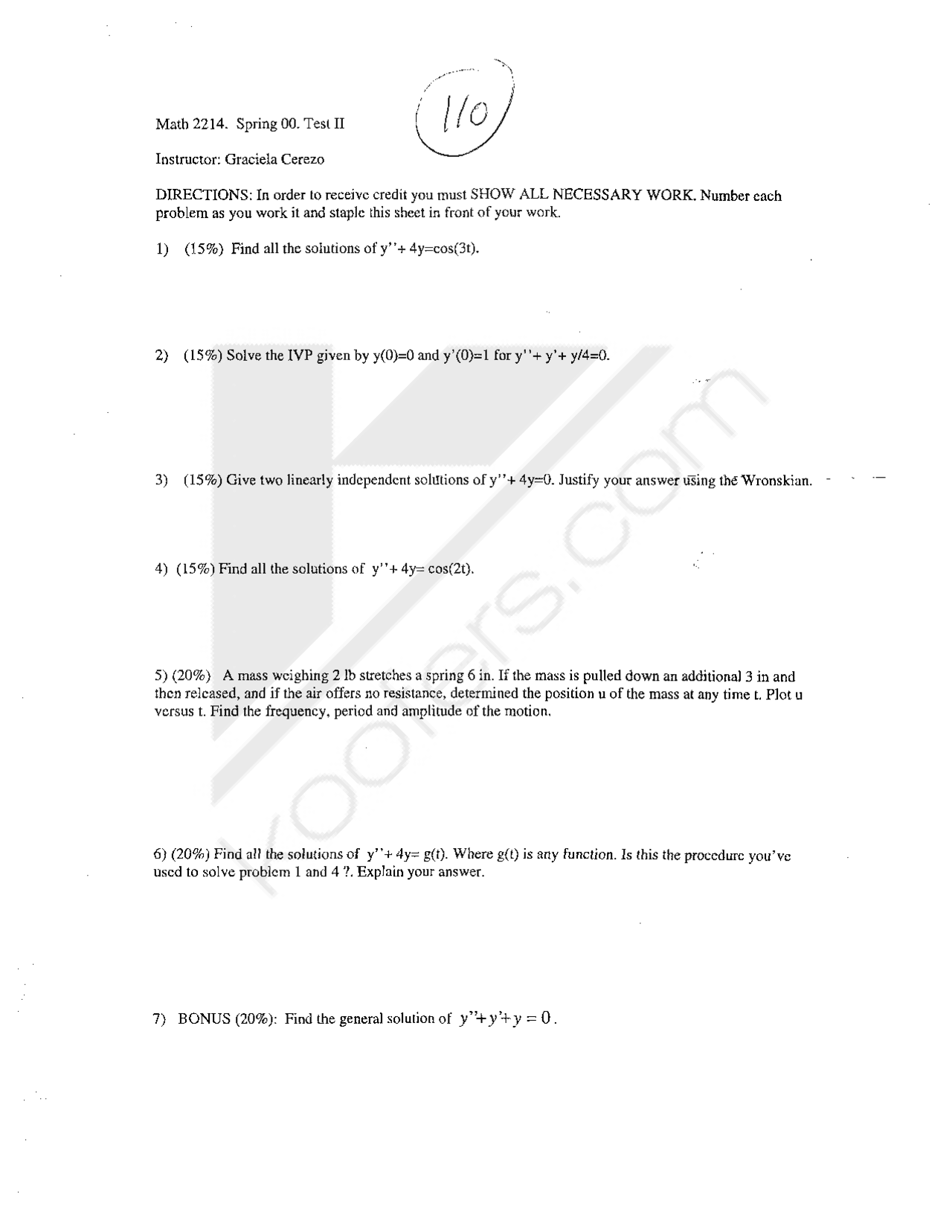 Test 2 With Solution Introduction To Differential Equations Math