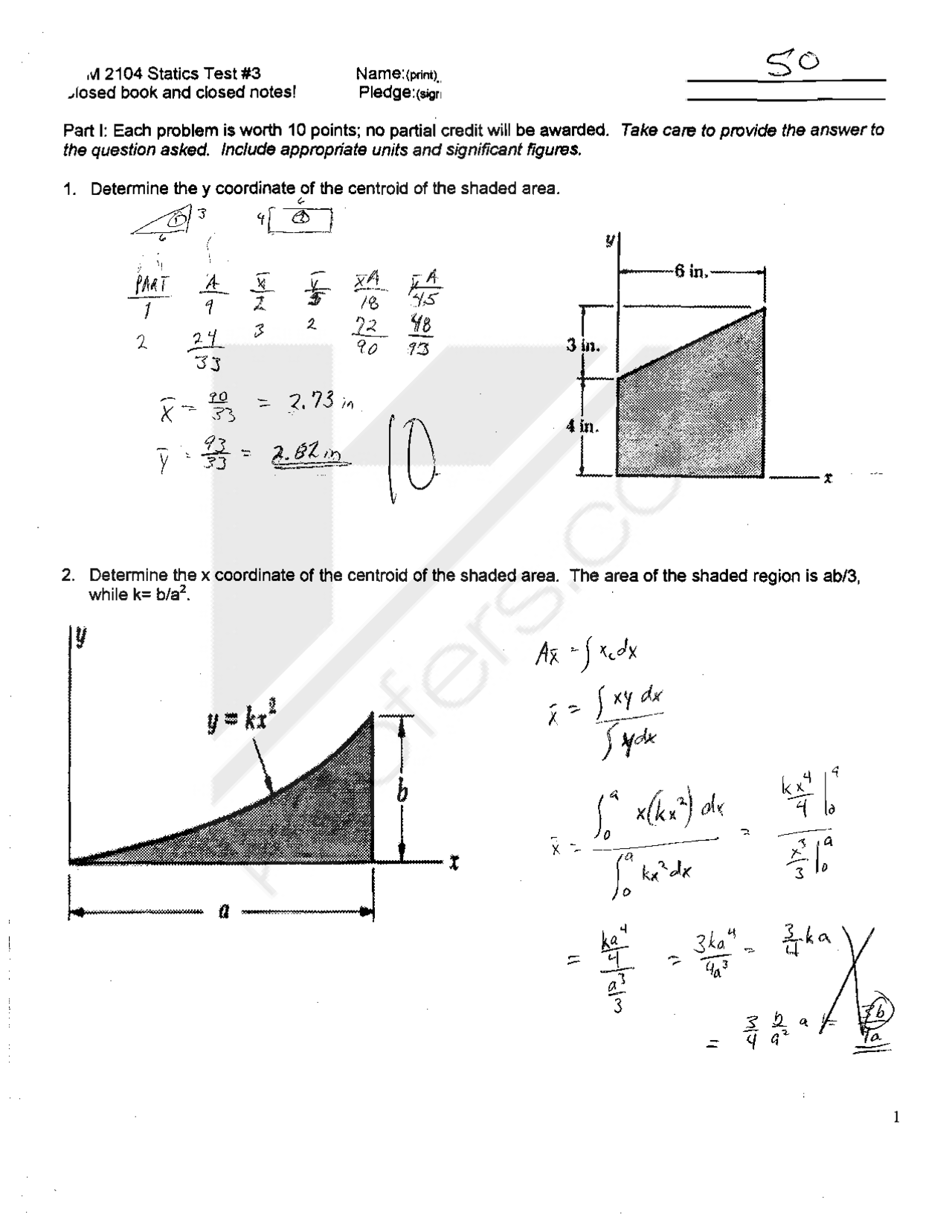 Statics Sample Test 3 With Answer Key Esm 2104 Docsity