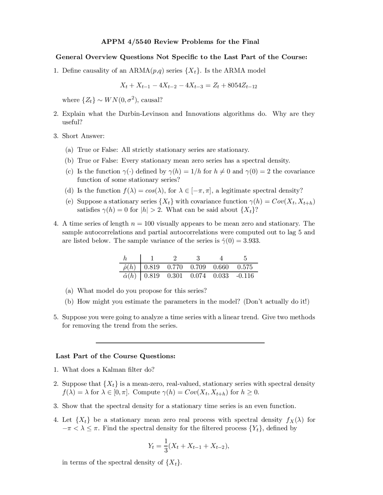 Review Problems For The Final Exam Introduction To Time Series Appm