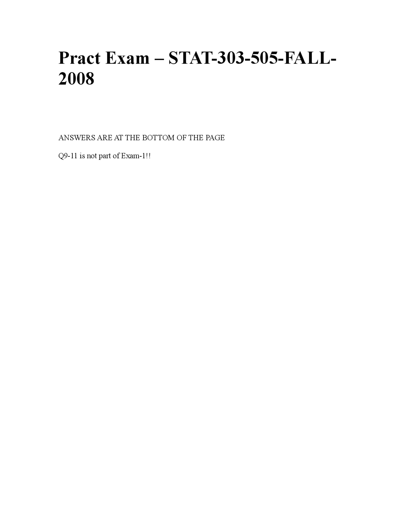 Practice Exam With Answer Key Statistical Methods Stat 303 Exams