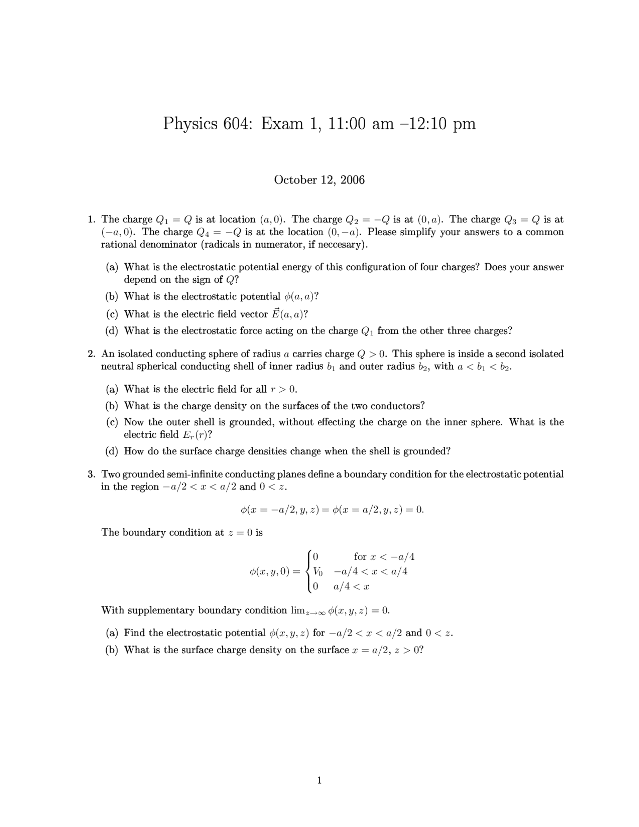 3 Questions For Exam 1 Classical Electrodynamics I Phys 604 Docsity