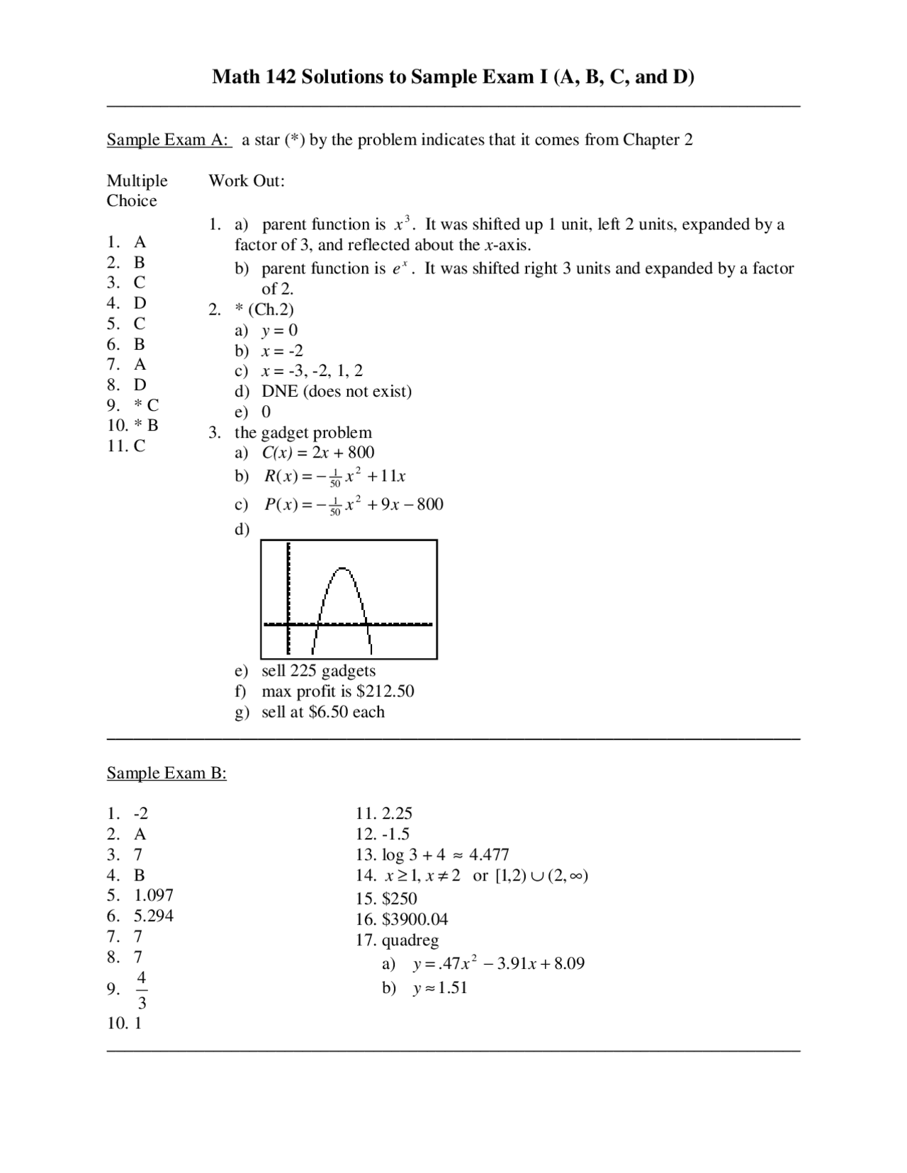 Solutions To Sample Exam I Business Mathematics Ii Math 142 Docsity