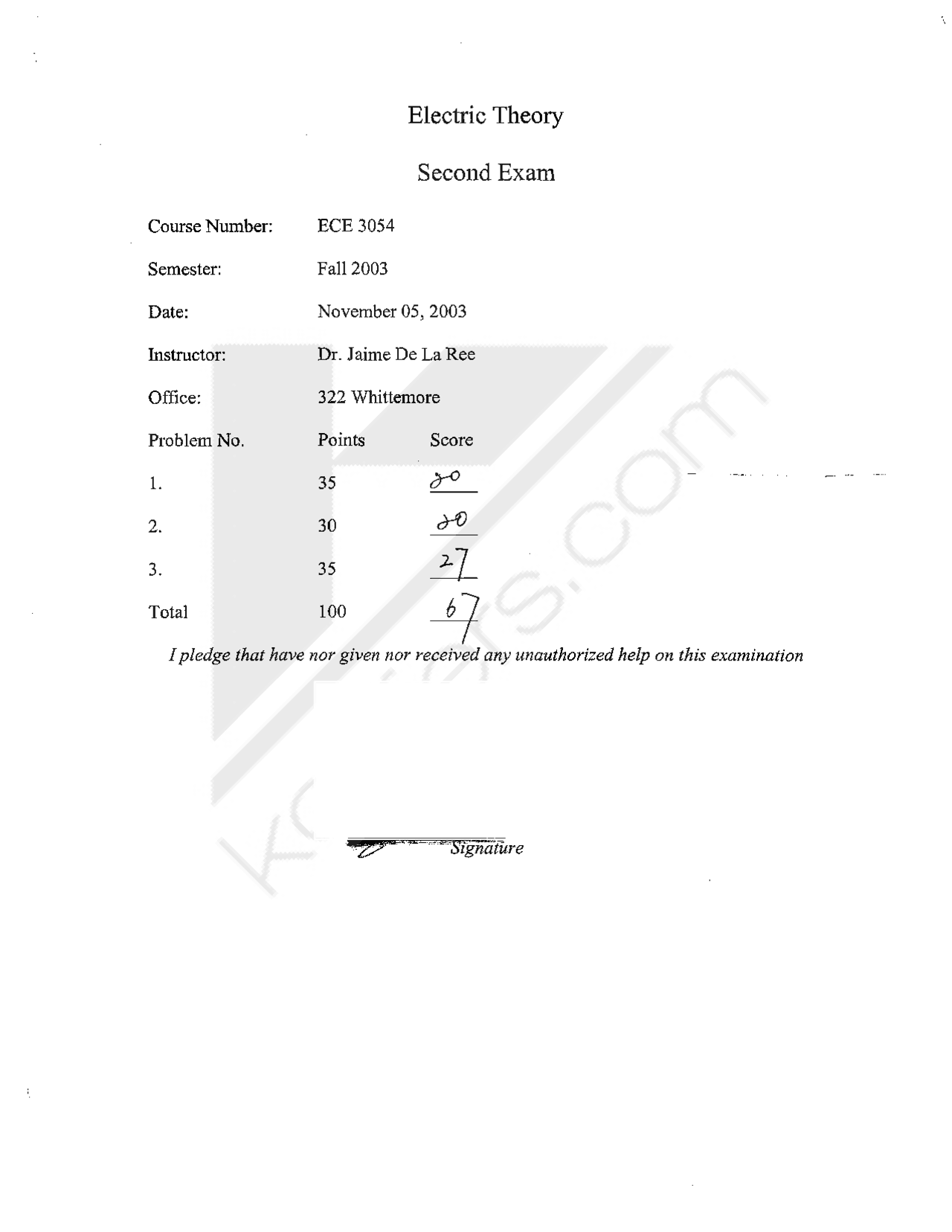 Second Exam With Solution Electric Theory Ece 3054 Exams