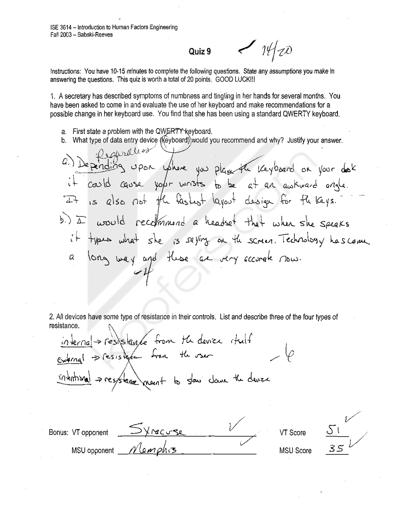 Quiz 9 Resolution Human Factors Ergon Engineering Ise 3614 Docsity