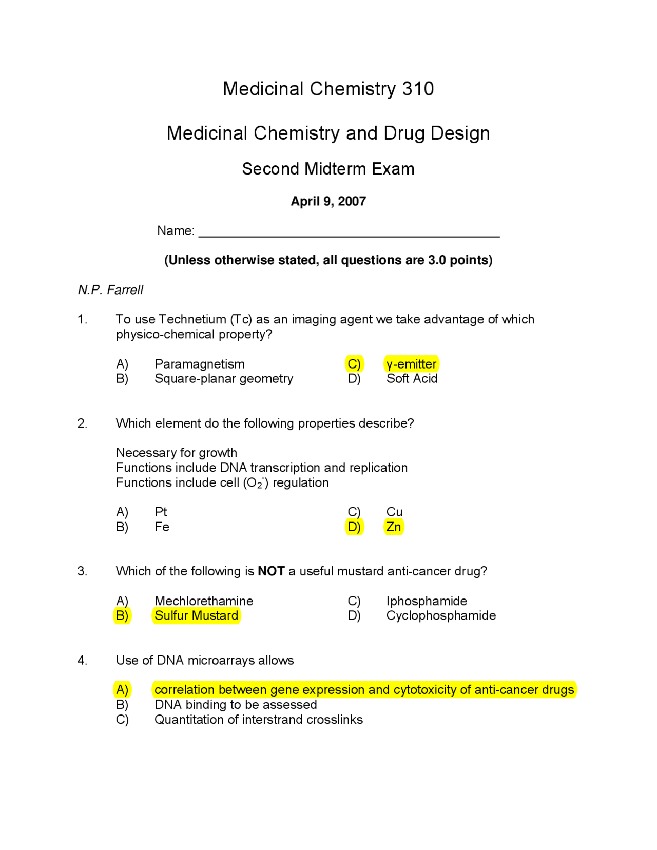 Medicinal Chemistry And Drug Design Midterm Exam Medc 310 Docsity