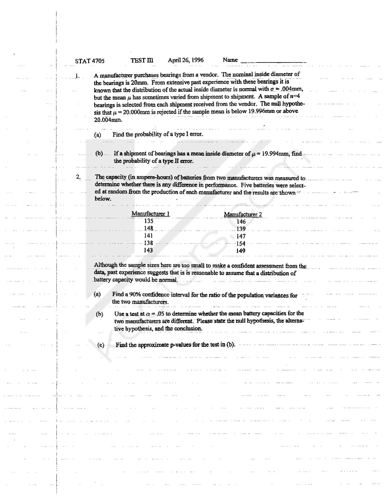 Practice Test Iii Statistics For Engineers Fall 1996 Stat 4705