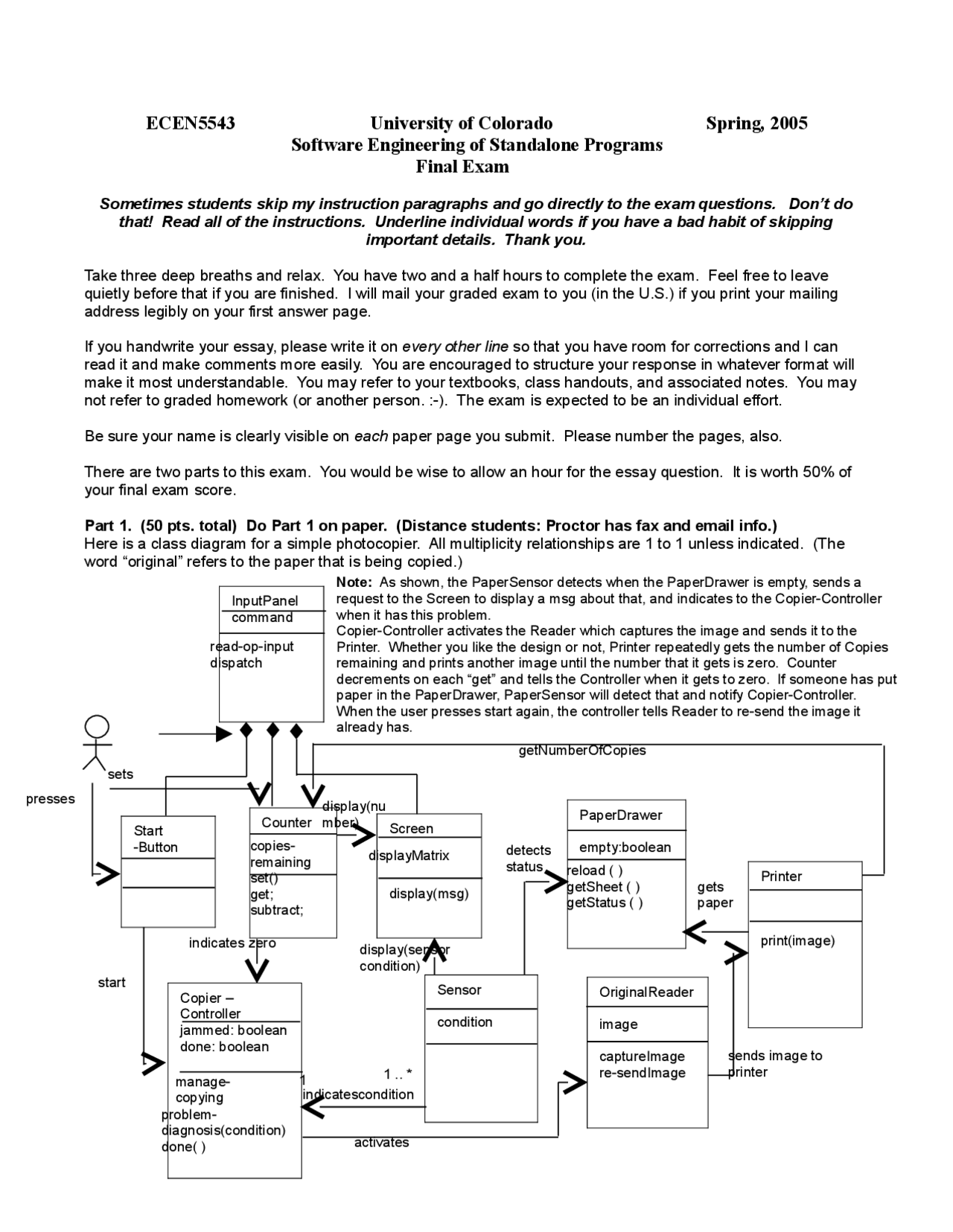 Final Exam Software Engineering Of Standalone Programs 2005 Ecen